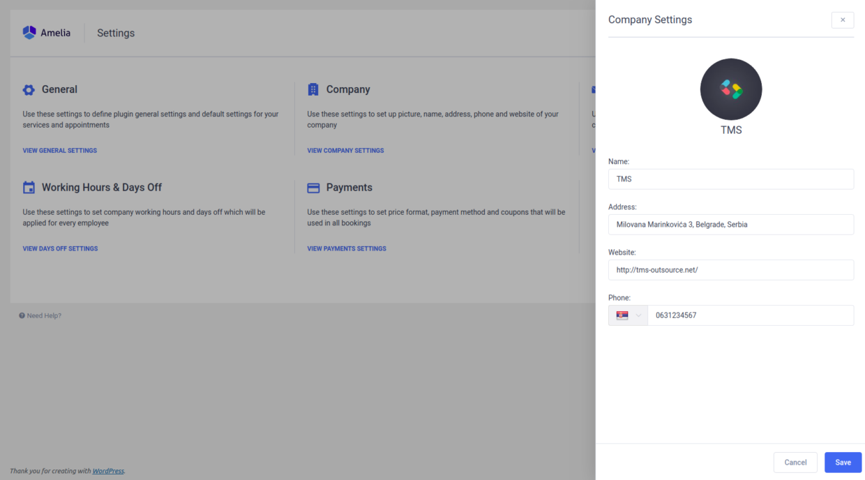 Company Settings - Amelia WordPress Booking Plugin