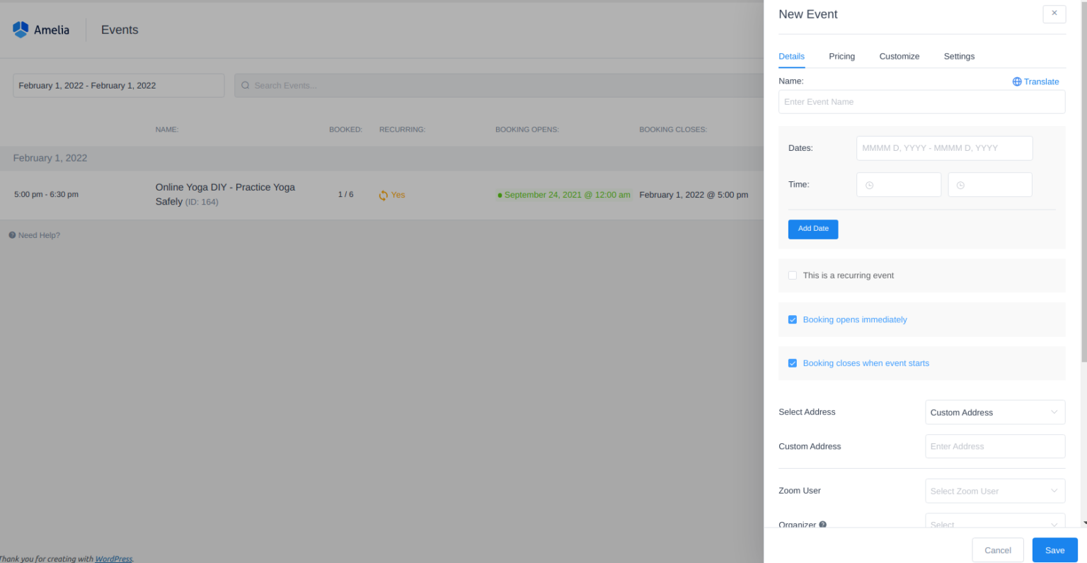 Events - Amelia WordPress Booking Plugin