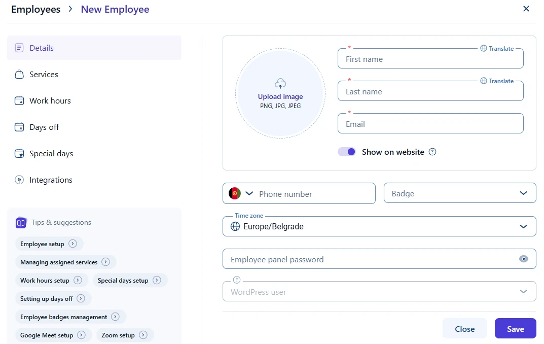 Creating an employee - Amelia WordPress Booking Plugin