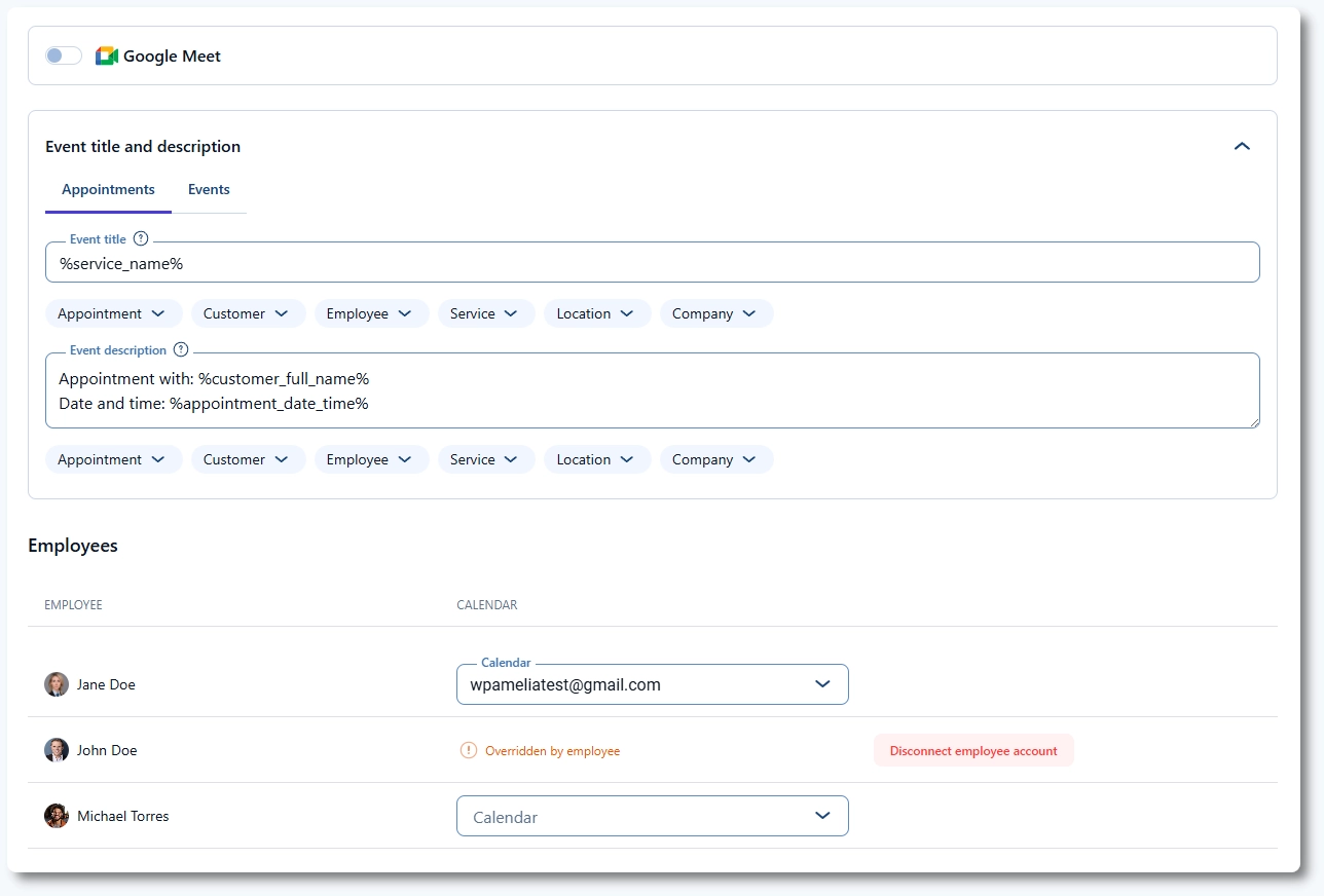 Google Calendar settings - Amelia WordPress Booking Plugin