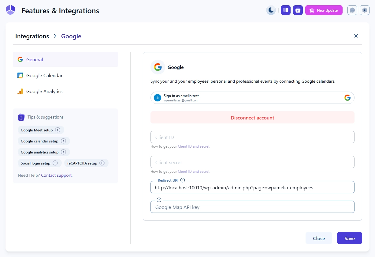 Connecting Google account - Amelia WordPress Booking Plugin