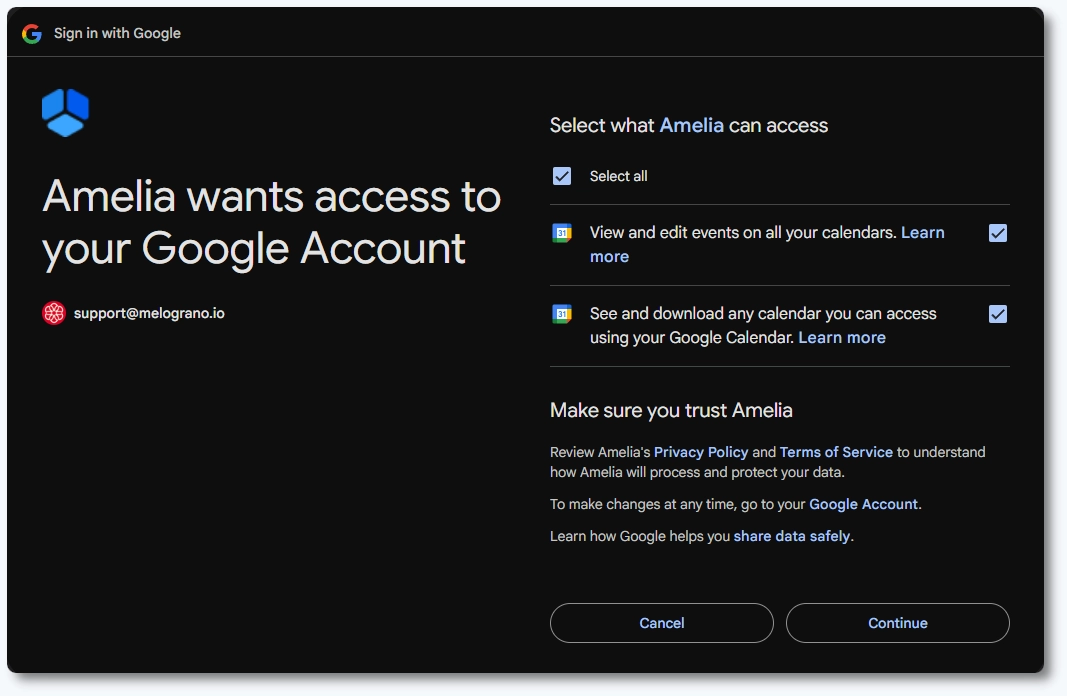 Connecting Google account - Amelia WordPress Booking Plugin