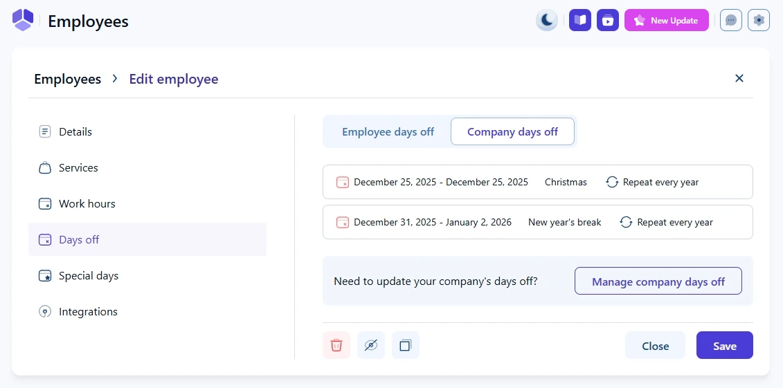 Company settings days off - Amelia WordPress Booking Plugin