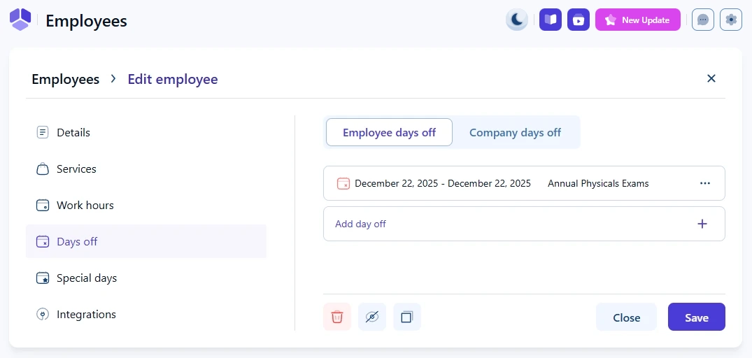 Days off - Amelia WordPress Booking Plugin